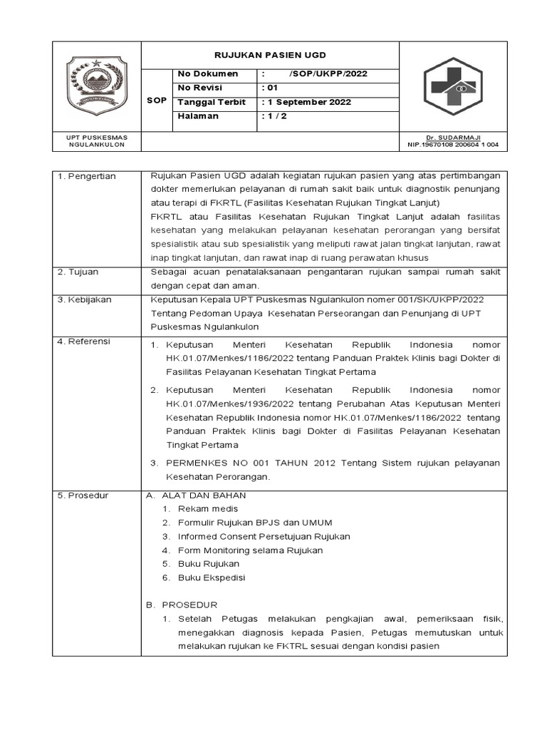 Sop Rujukan Pasien Ugd 2022 | PDF