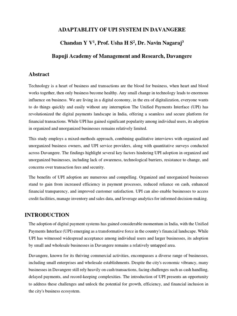 Adaptablity of Upi System in Davangere Chandan Y V, Prof. Usha H S, Dr ...