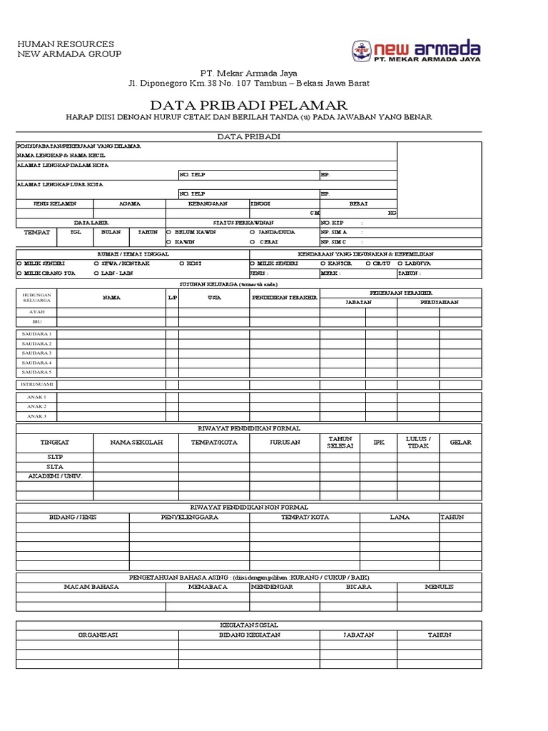 Form Data Pribadi Pelamar (St-Up) | PDF
