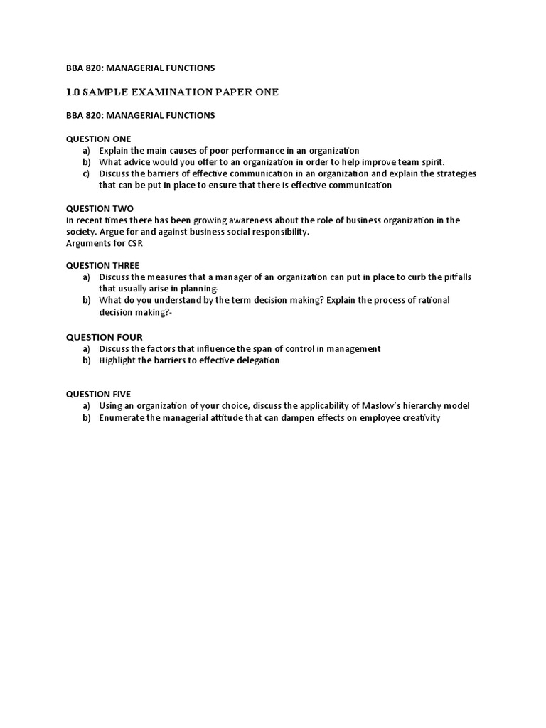 Model Examination Questions - Bba 820-Managerial Functions | PDF ...