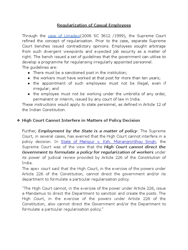 Regularization of Casual Workers ANOUSHKA SINGH | PDF | Supreme Court Of India | High Court Of ...
