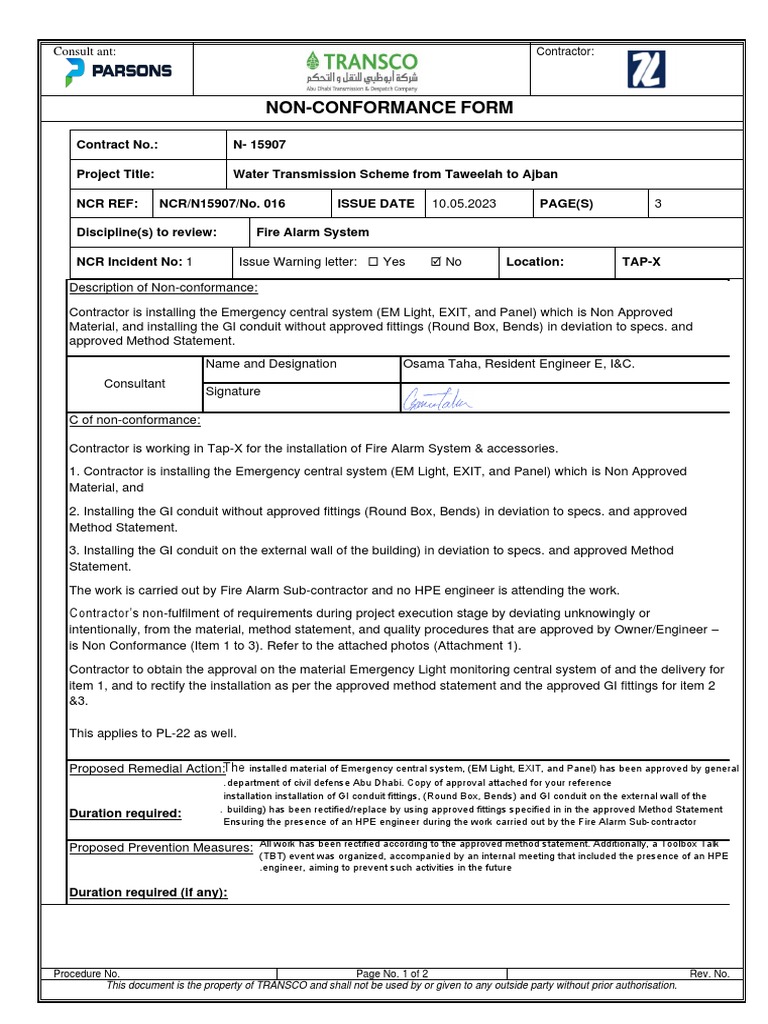 N15907-PIL-HYD-NCR-I016 Fire Alarm Installation Non Conformity TAP X (For Approval) | PDF