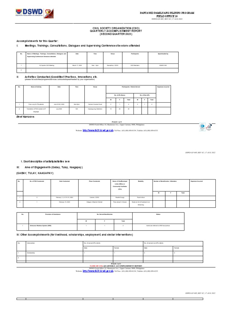 Cso Quarterly Accomplishment Report Template - Sample | PDF