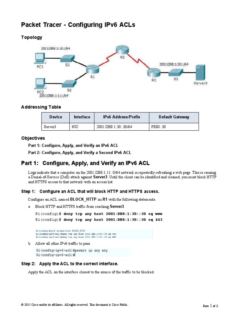 4.1.3.4 Packet Tracer - Configuring IPv6 ACLs | PDF | I Pv6 | Denial Of Service Attack