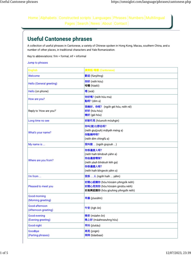 Useful Cantonese Phrases | PDF | Languages Of Hong Kong | Languages Of Macau