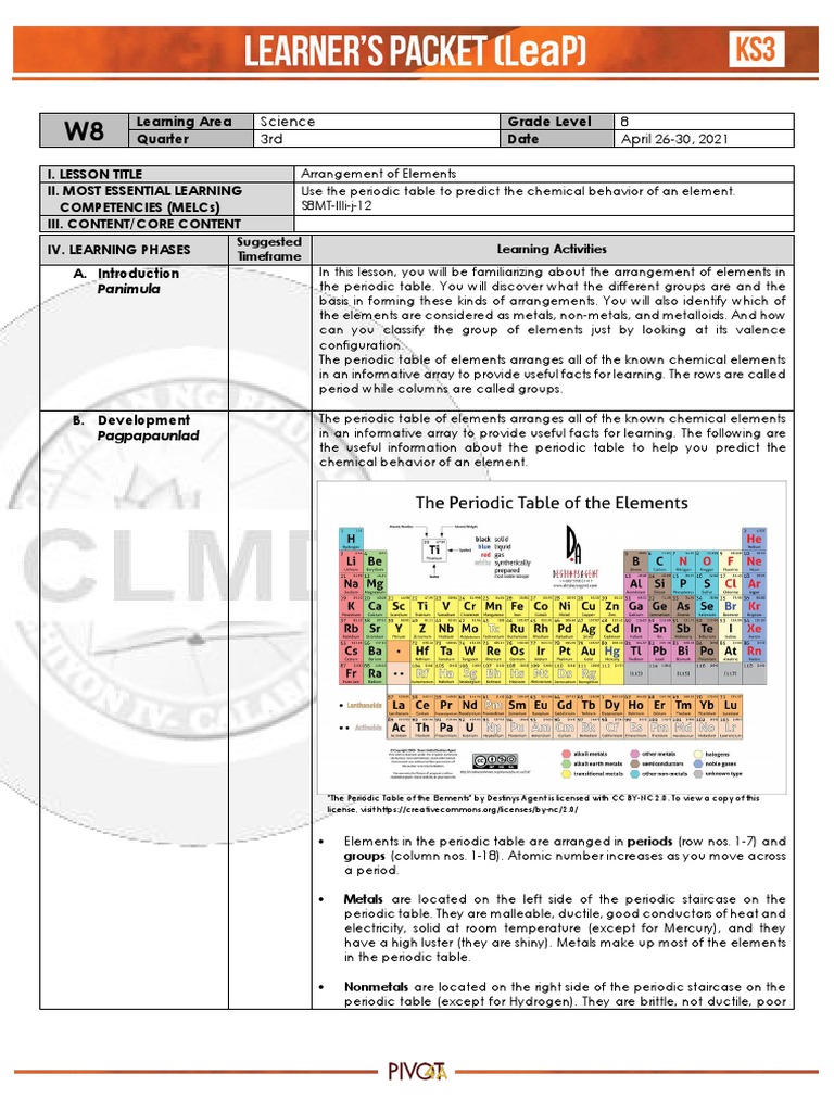 SAYOTO KS3 LeaP G8Q3W8 | PDF | Periodic Table | Chemical Elements