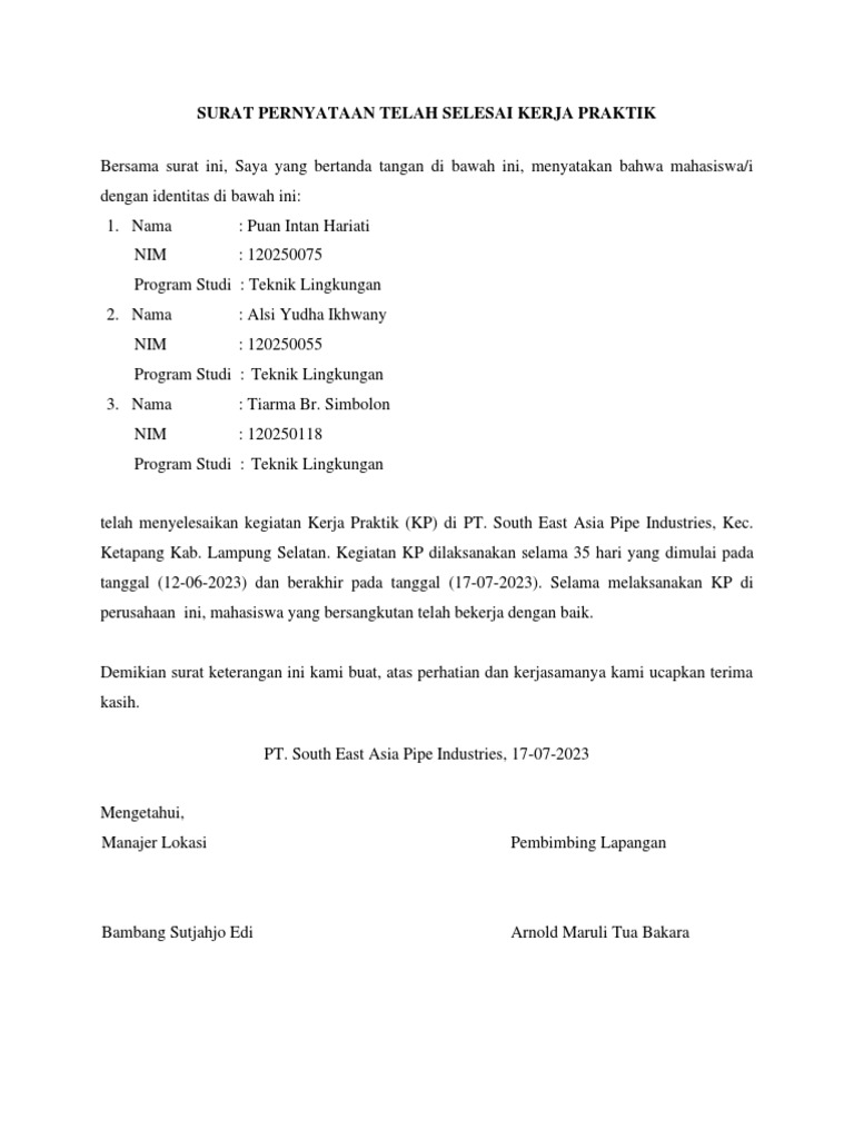 Surat Pernyataan Selesai KP Puan | PDF