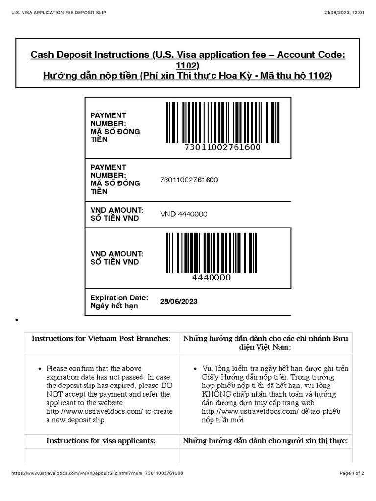 U.S. Visa Application Fee Deposit Slip | PDF