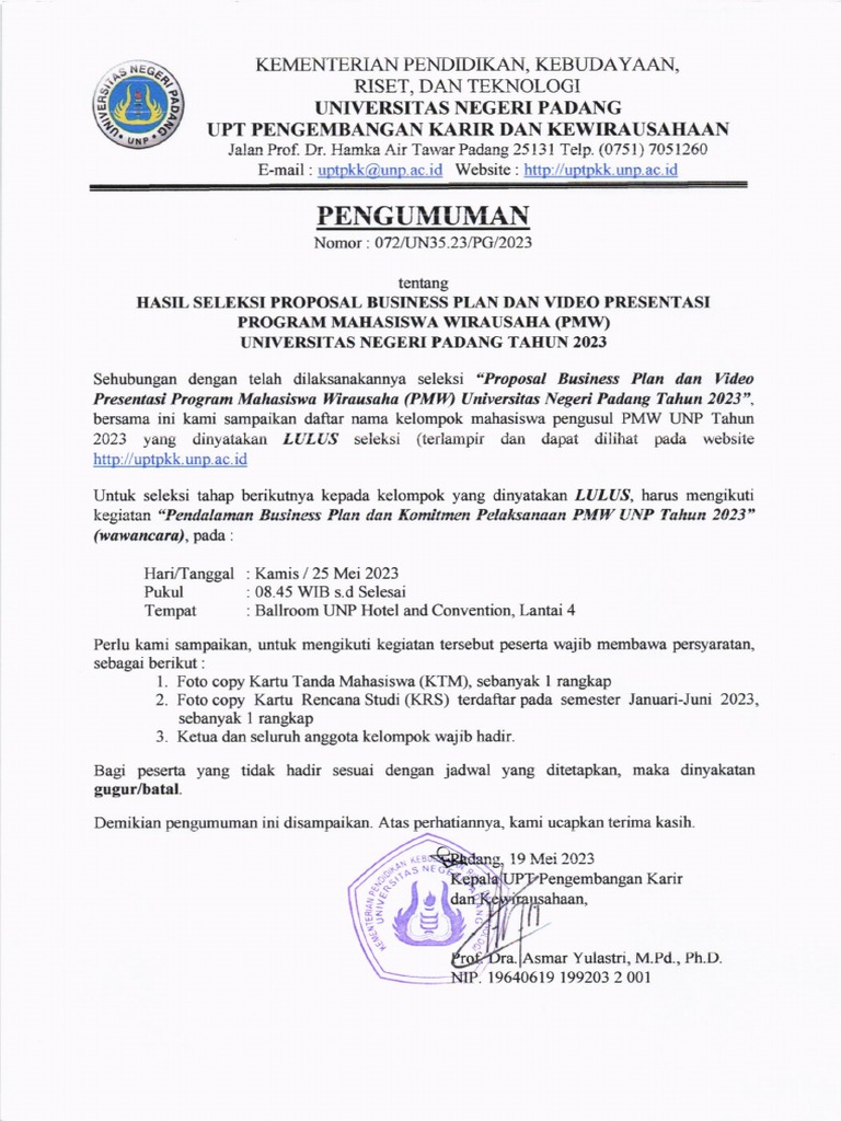 Pengumuman Hasil Seleksi Proposal Business Plan Dan Video Presentasi PMW UNP Tahun 2023 Yang ...