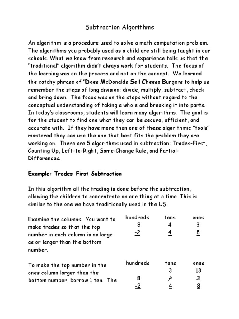 Subtraction Algorithms: D M S C B | PDF | Subtraction | Mathematical ...