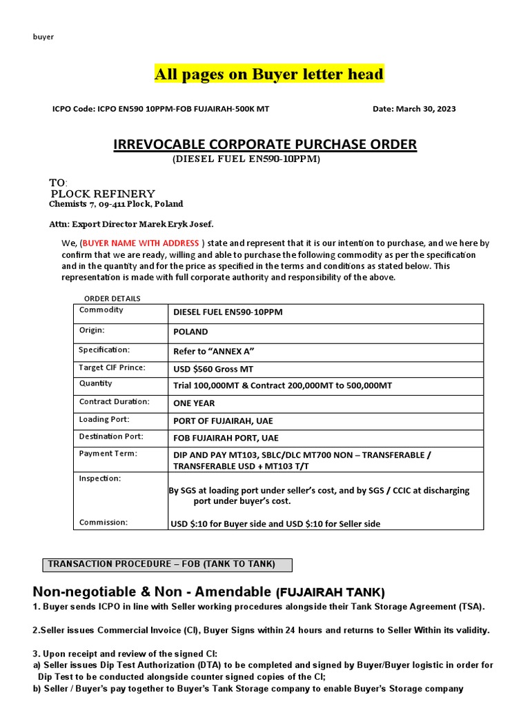 Plock Refinery Icpo En590 10ppm Fob Fujairah TTT 500k 20230330 | PDF ...