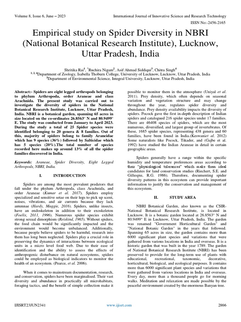 Empirical Study On Spider Diversity in NBRI (National Botanical ...