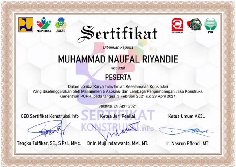 Sertifikat Lomba KTI Keselamatan Konstruksi | PDF