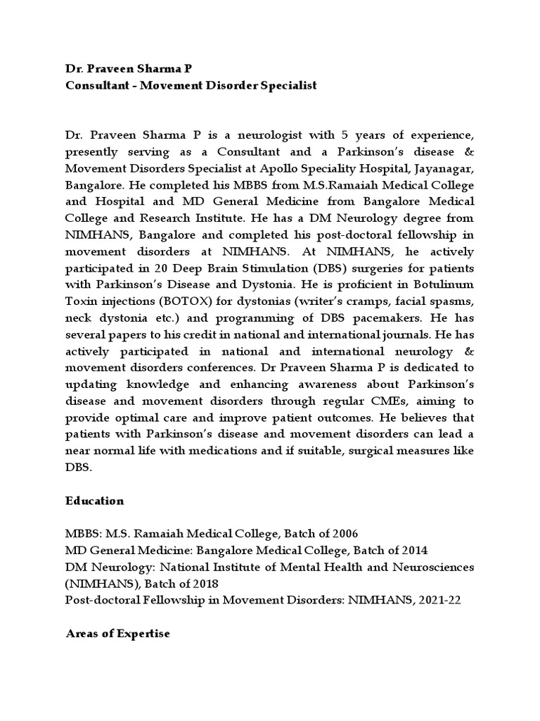 DR Praveen Sharma P Profile - Practo - 103918 | PDF | Neurology | Dystonia