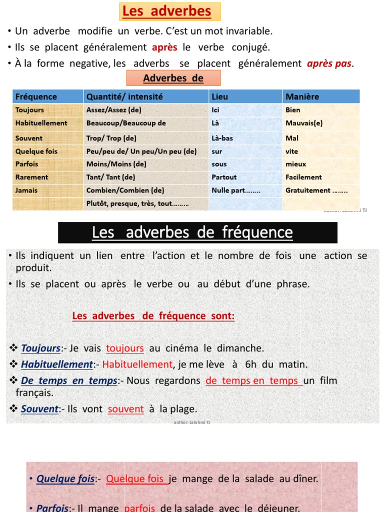 Les Adverbes de Quantité, Fréquence | PDF | Grammaire | Syntaxe
