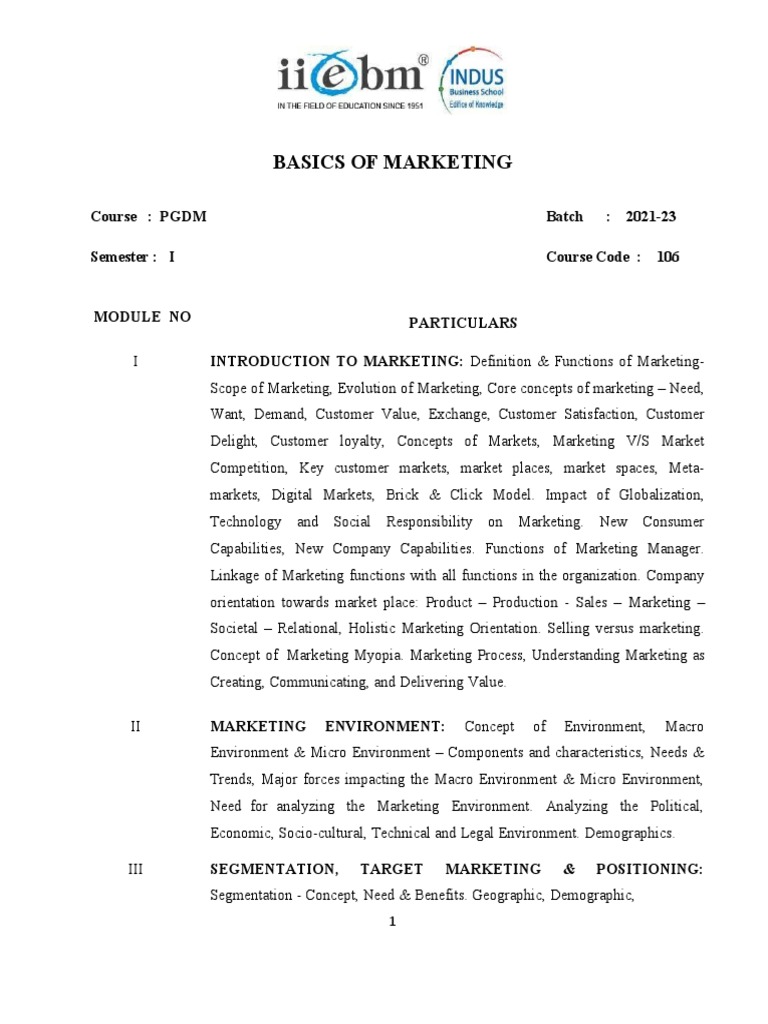BASICS OF MARKETING - 22-24 Batch | PDF | Marketing | Market Segmentation