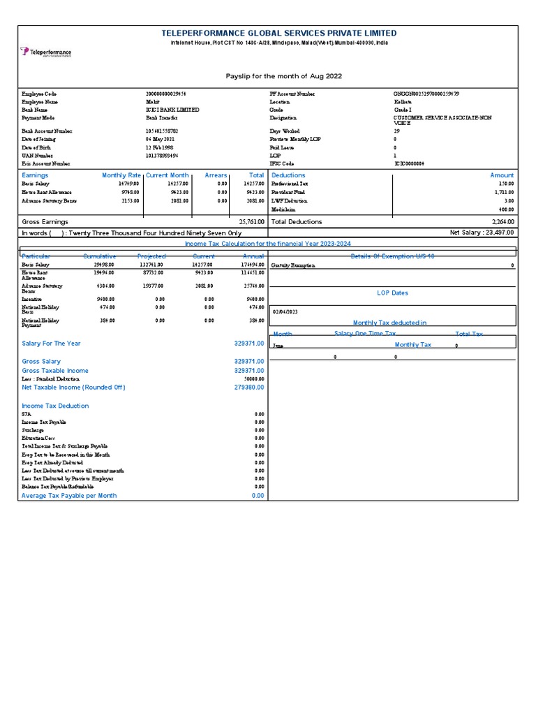 Payslip 2023 2024 6 200000000029454 IGSL | PDF | Taxes | Salary