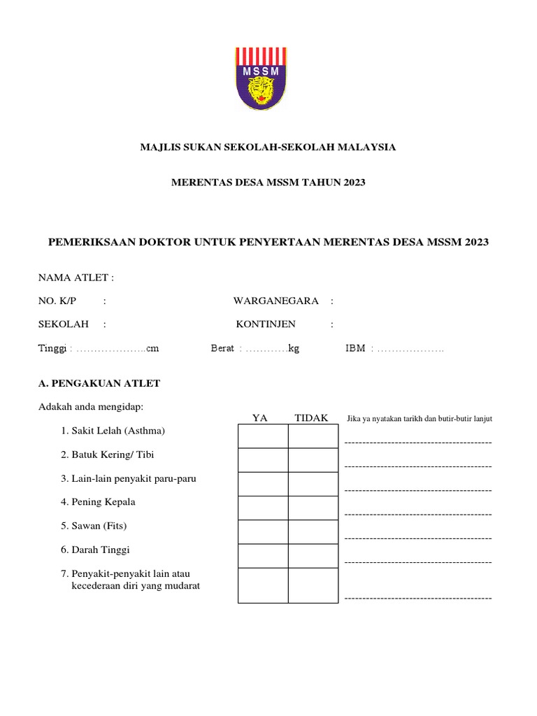BORANG KESIHATAN MSSM | PDF