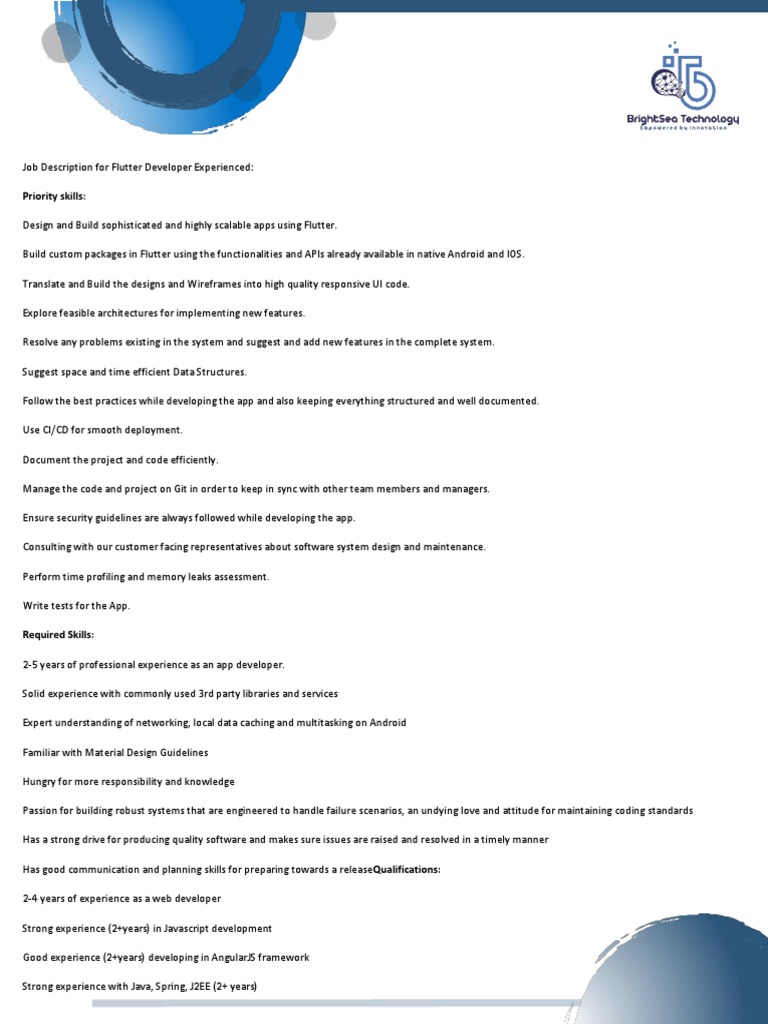 Job Description For Flutter Developer Experienced | PDF