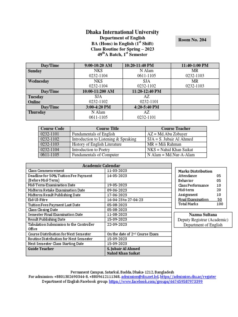 DIU English Dept. Class Routines 2023 | PDF | Academic Term | Final ...