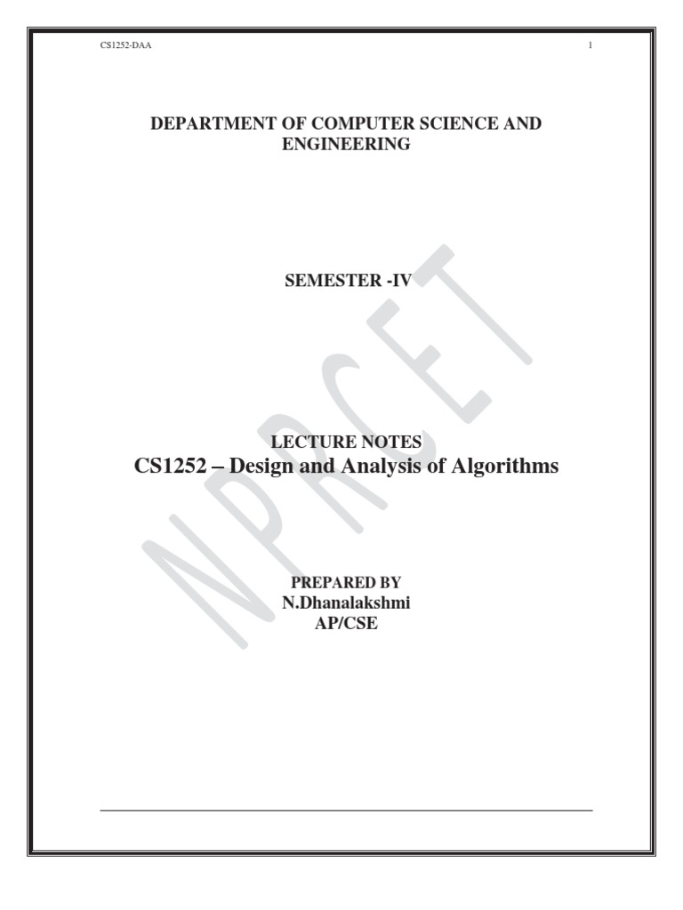 Cs1252 Design And Analysis Of Algorithms Pdf Time Complexity Recurrence Relation