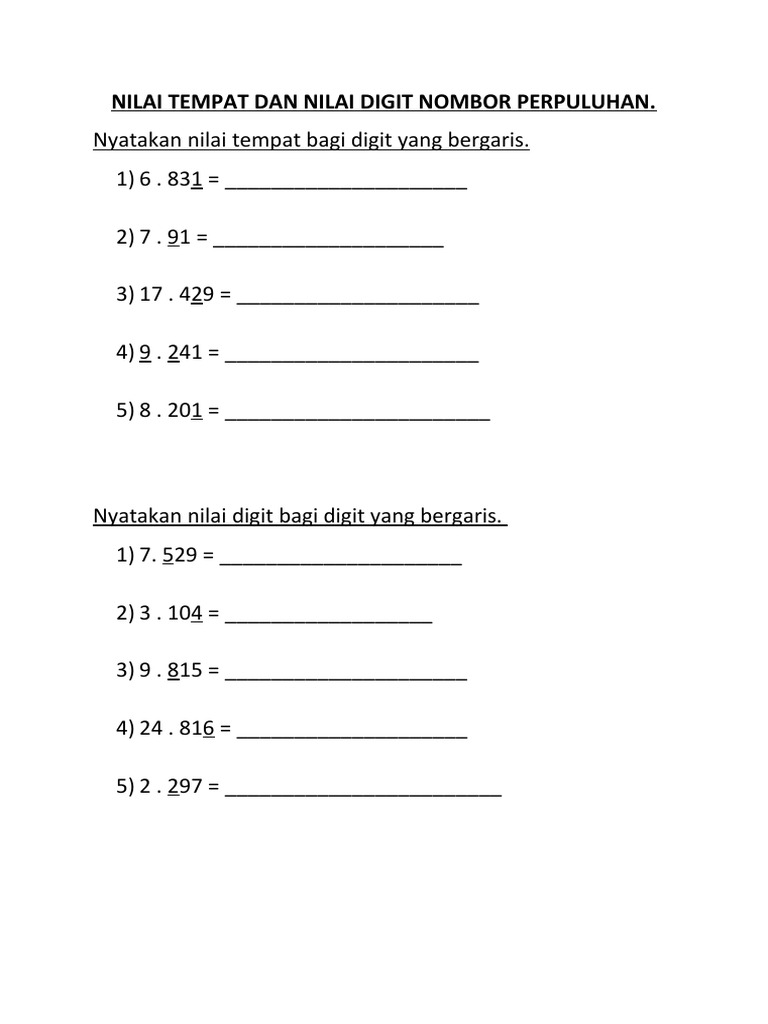 Latihan Nilai Tempat dan Digit Tahun 1 | PDF