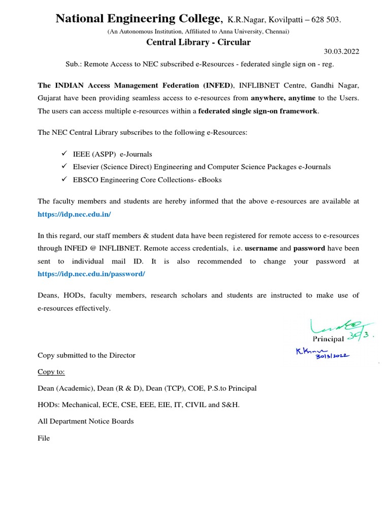 INFED Federated Search User Name & Password Circular | PDF