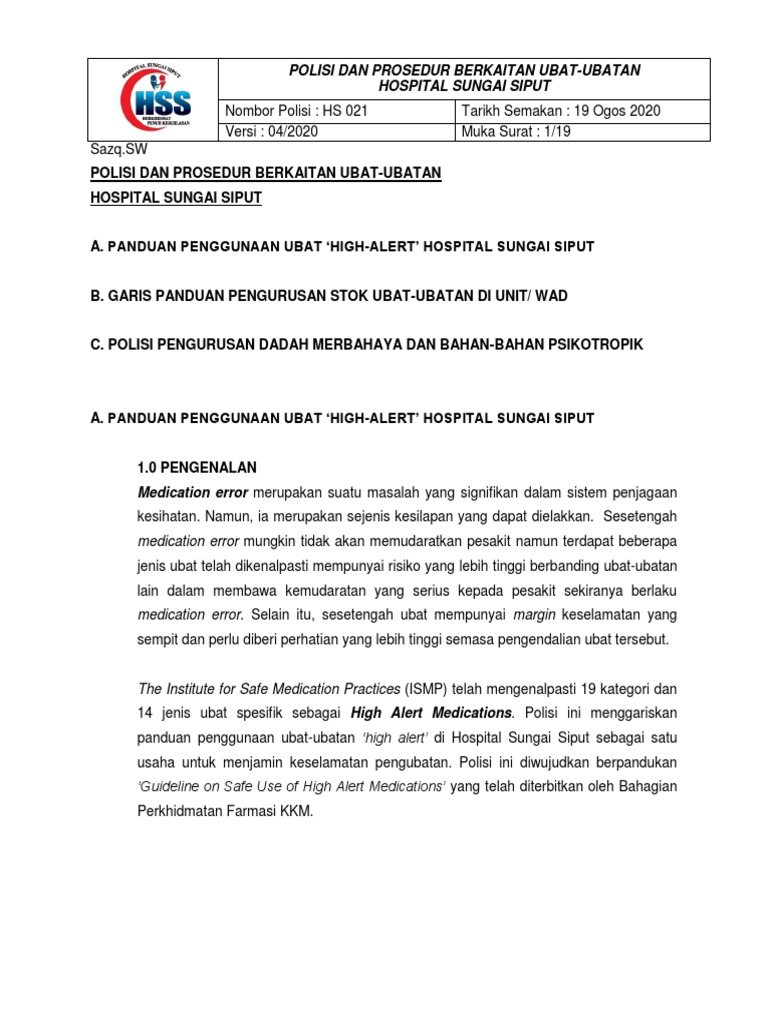 HS021 - Polisi Prosedur Berkaitan Ubat-Ubatan | PDF