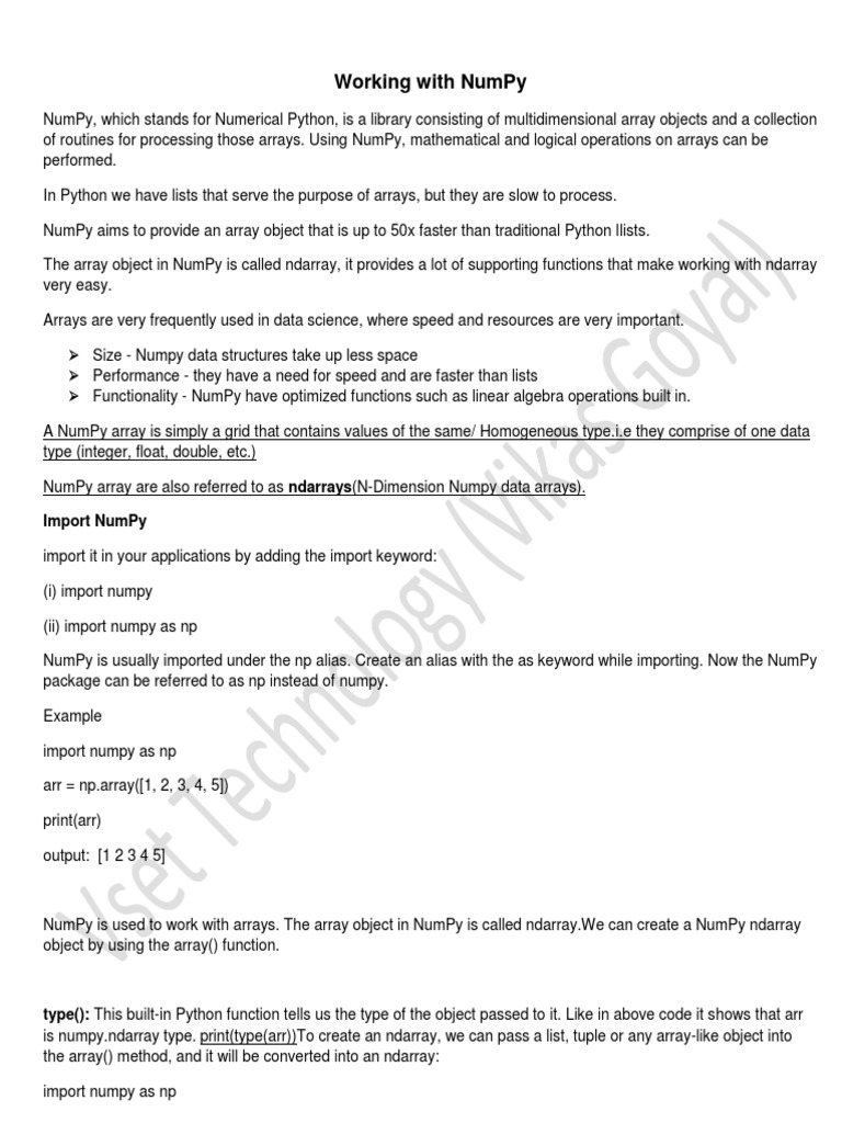 Working With Numpy For Class 12th Pdf Pdf Mathematics Computer Science