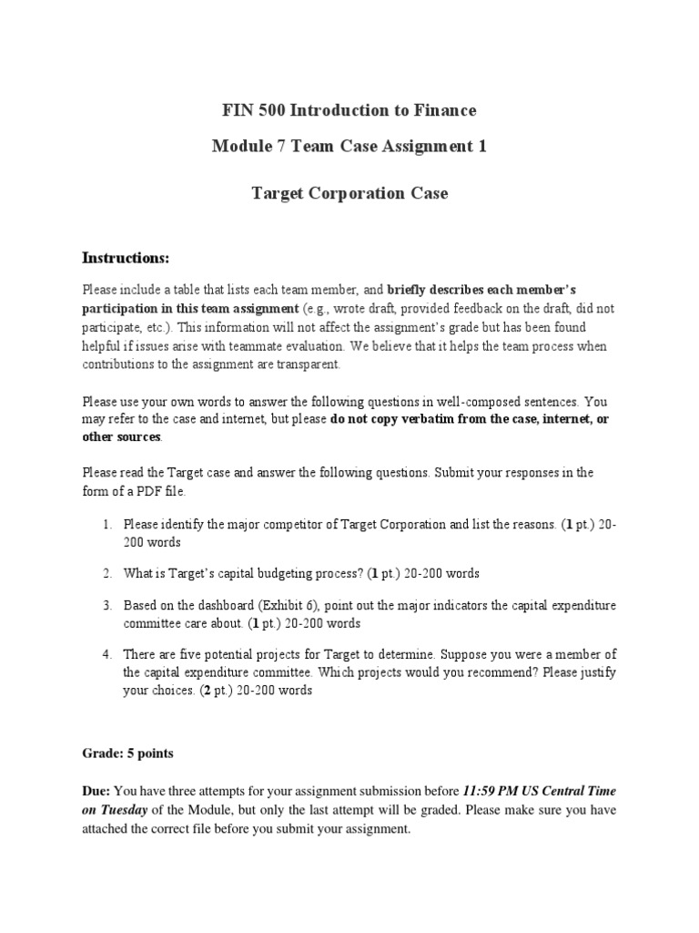 FIN 500 Mod7 Team Case Assignment1 Instruction | PDF