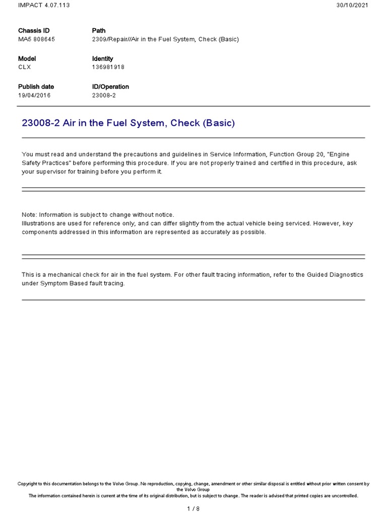 Mack: Volvo Air in The Fuel System, Check (Basic) | PDF | Pump | Machines