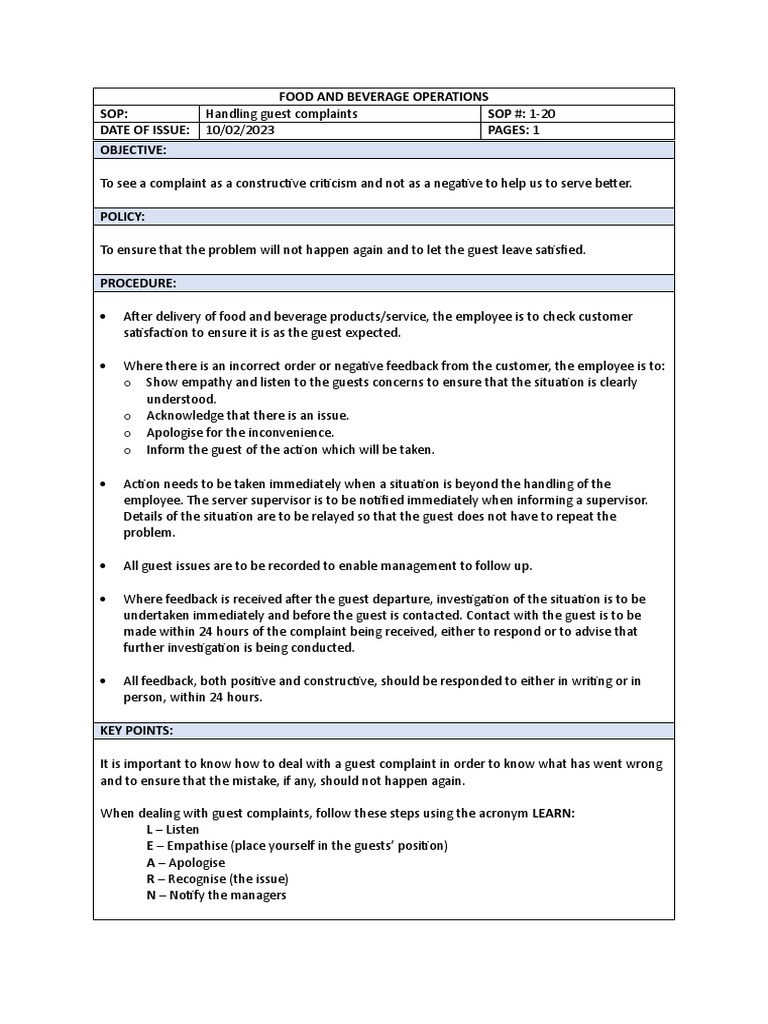 Food and Beverage Operations - Sop | PDF