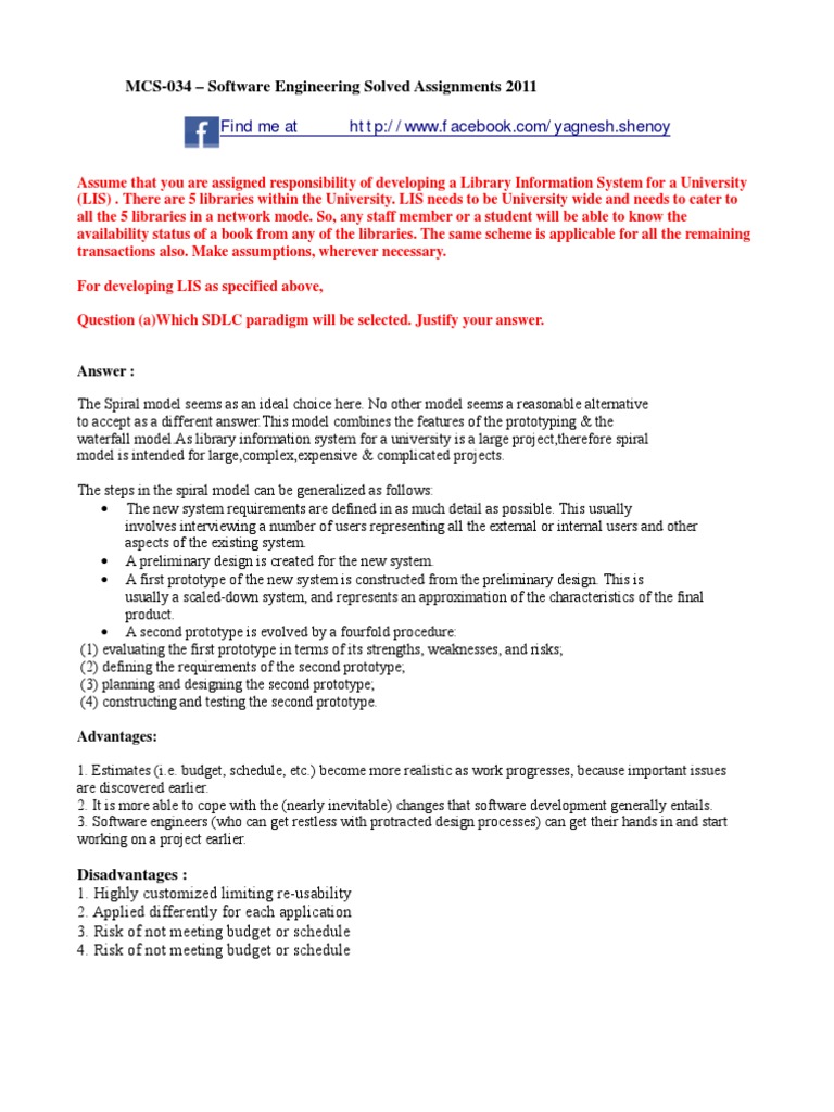 Mcs 034 Software Engineering Solved Assignments 2011 Pdf Software Testing Prototype