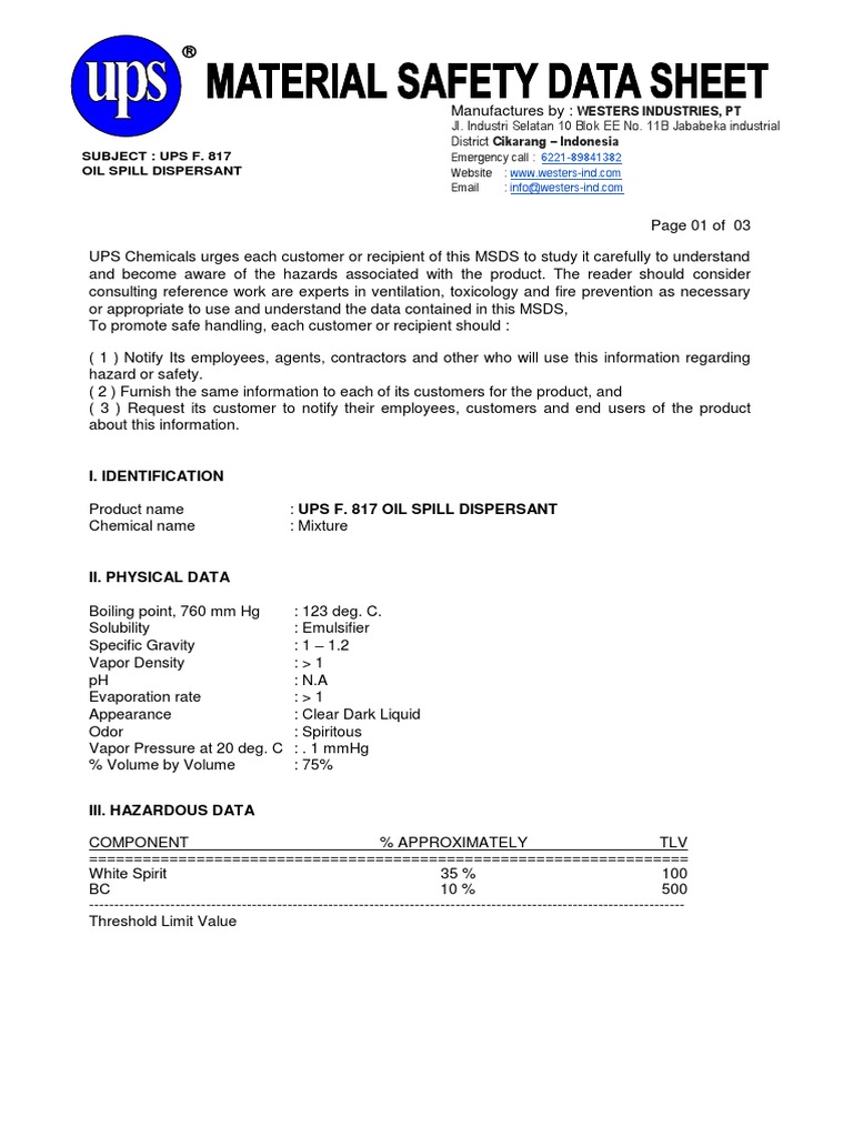 Msds Ups f.817 Oil Spill Dispersant | PDF | Working Conditions ...