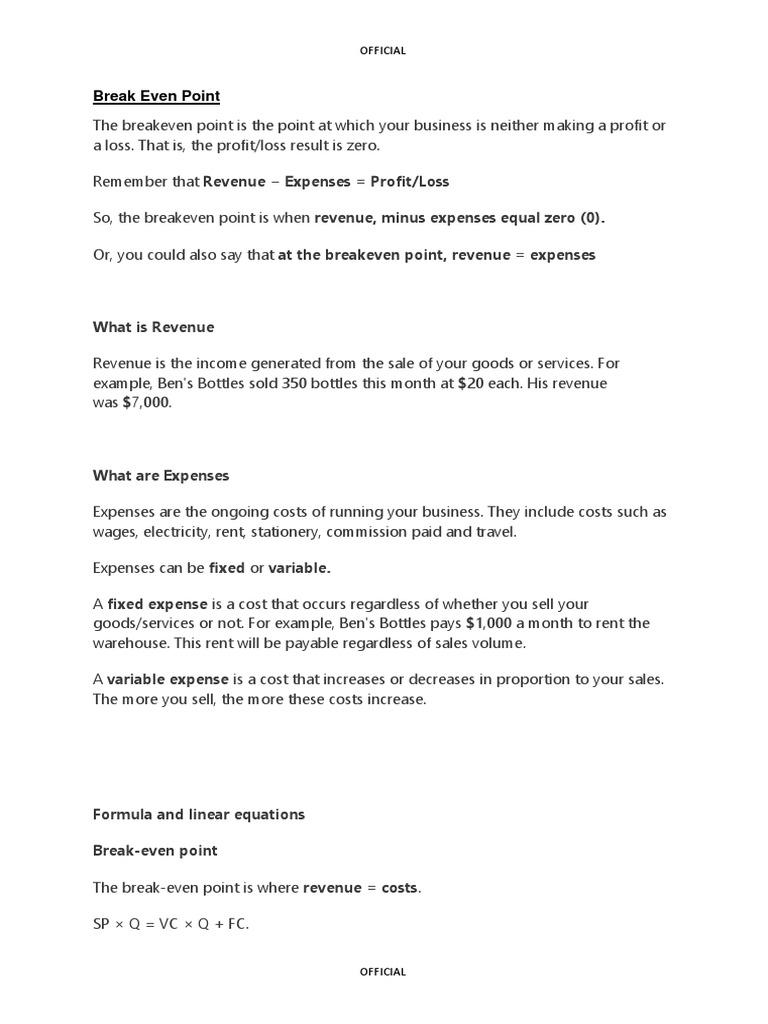 FNSACC323 Break Even Point Lesson | PDF
