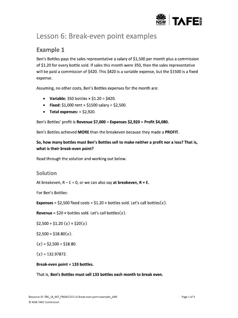 FNSACC323 Break Even Point Examples - LMS | PDF