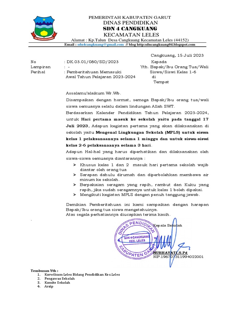 Surat Pemberitahuan MPLS 2023-2024 | PDF