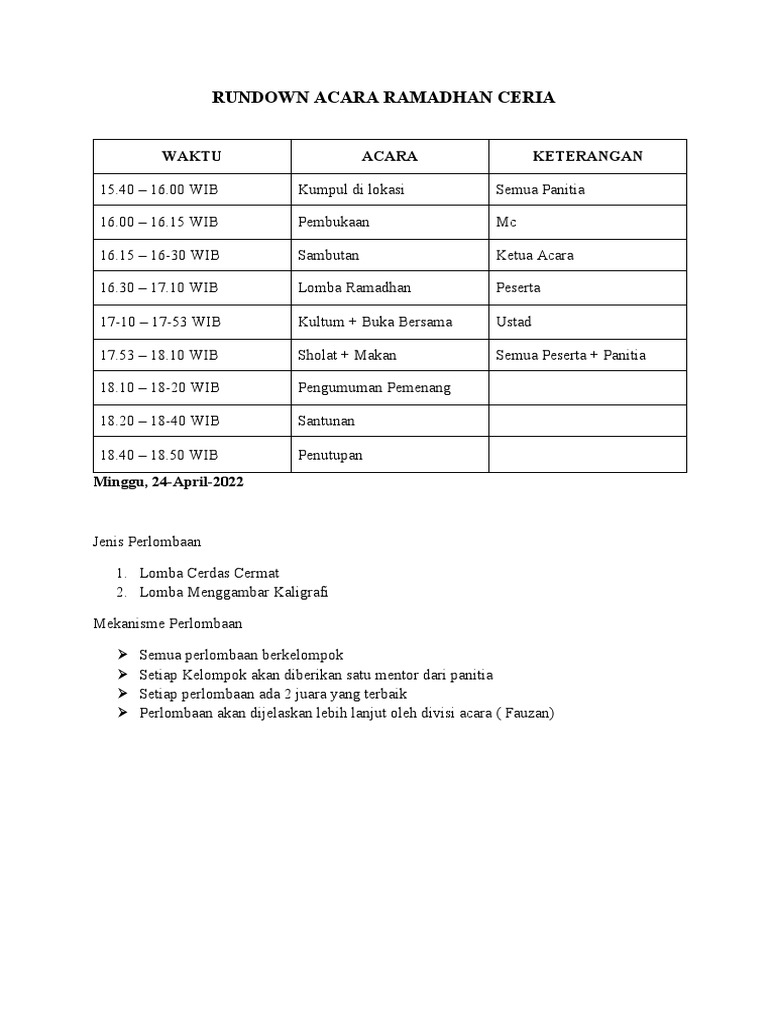 Rundown Acara Ramadhan Ceria | PDF | Memasak, Makanan, & Anggur