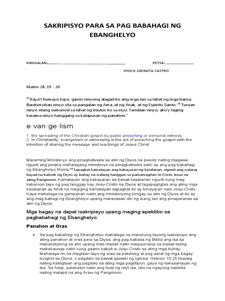 Sakripisyo para Sa Pag Babahagi NG Ebanghelyo | PDF