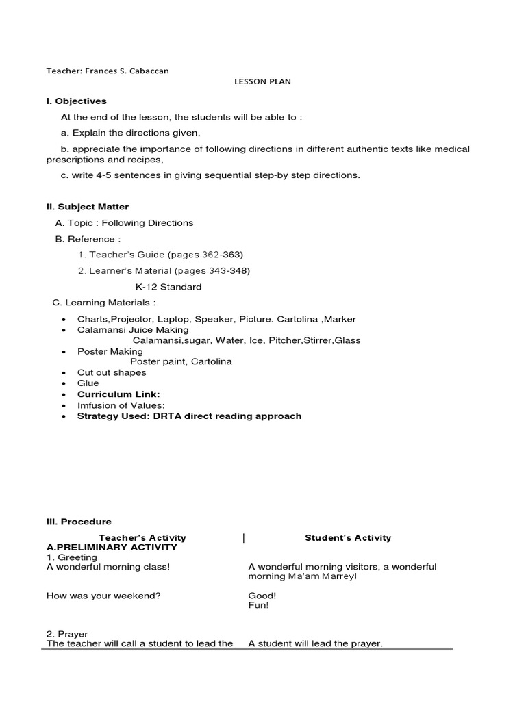 Following Direction | Download Free PDF | Teachers | Lesson Plan