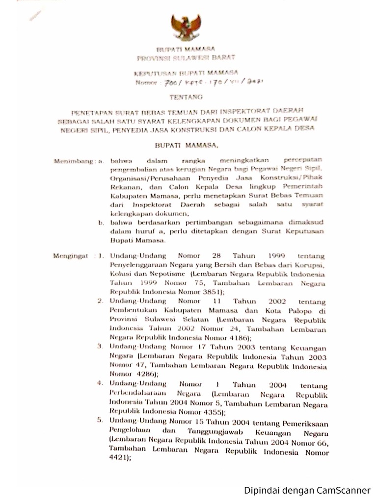 SK BUPATI MAMASA Tentang Penetapan Surat Bebas Temuan Dari Inspektorat ...