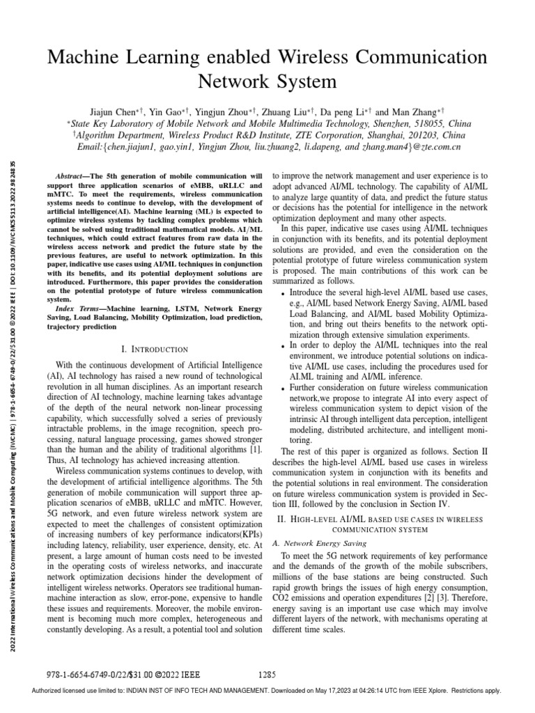 Machine Learning Enabled Wireless Communication Network System | PDF | Machine Learning ...