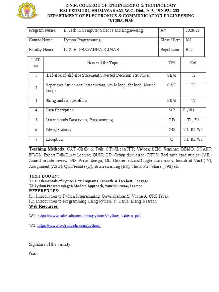 Python Tutorial Plan 2020-21 | PDF