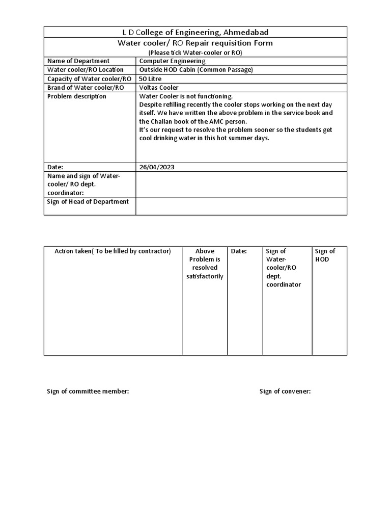 RO-watercooler Request Form | PDF