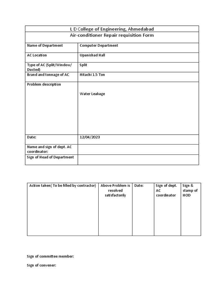 AC Repair Request Form-Revised | PDF