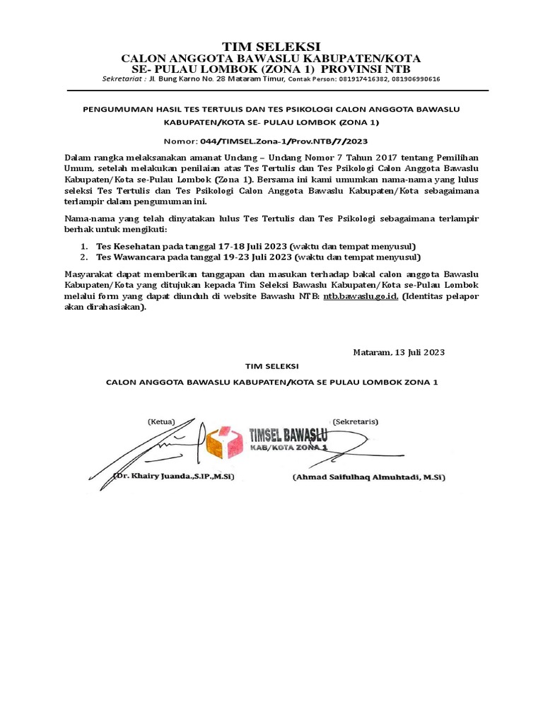 Zona 1 - Pengumuman Hasil Tes Tulis Dan Psikologi | PDF