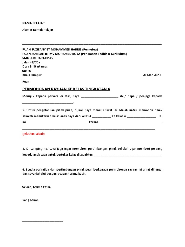 Permohonan Rayuan Ke Kelas Tingkatan 4 | PDF