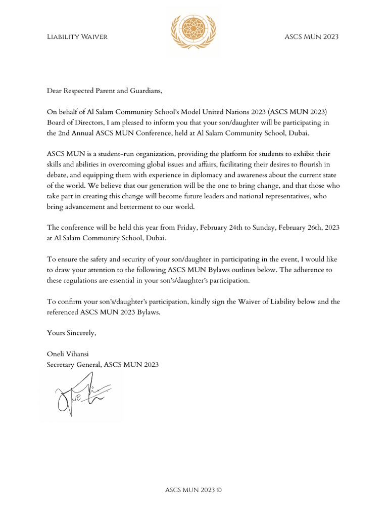 ASCS MUN 2023 - Liablity Waiver | PDF | Private Law | Justice