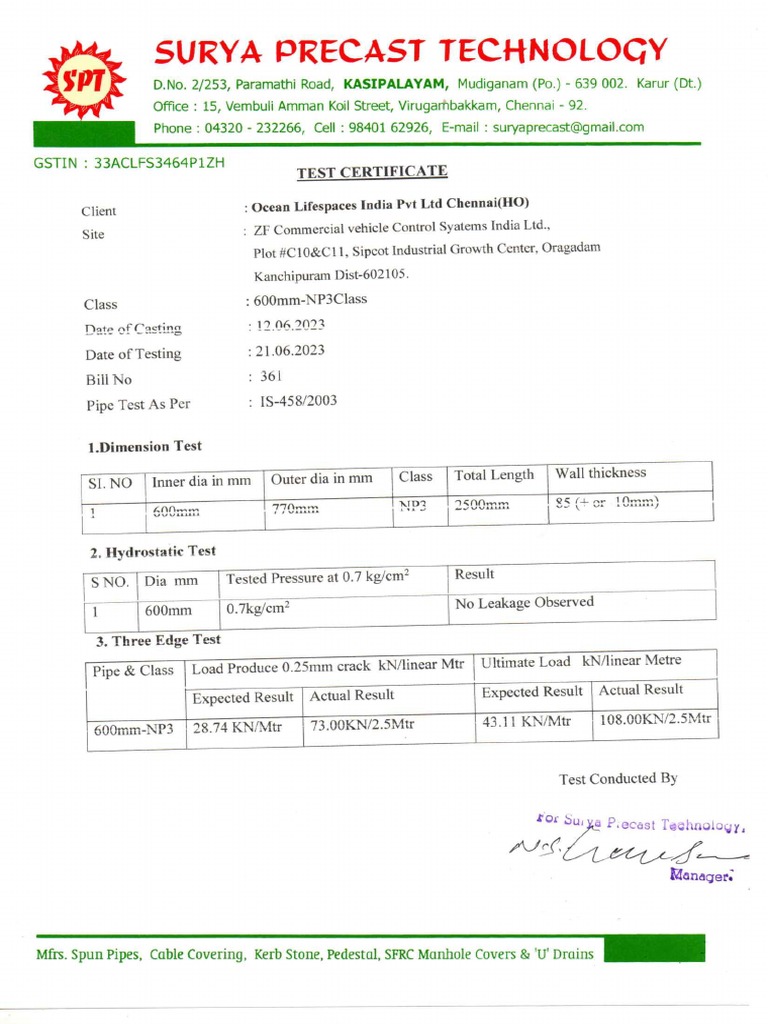 Test Certificate 600mm NP3 | PDF