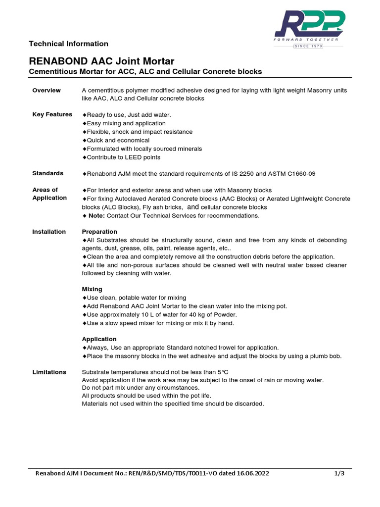 T0011-VO Renabond AAC Joint Mortar | PDF | Concrete | Physical Sciences